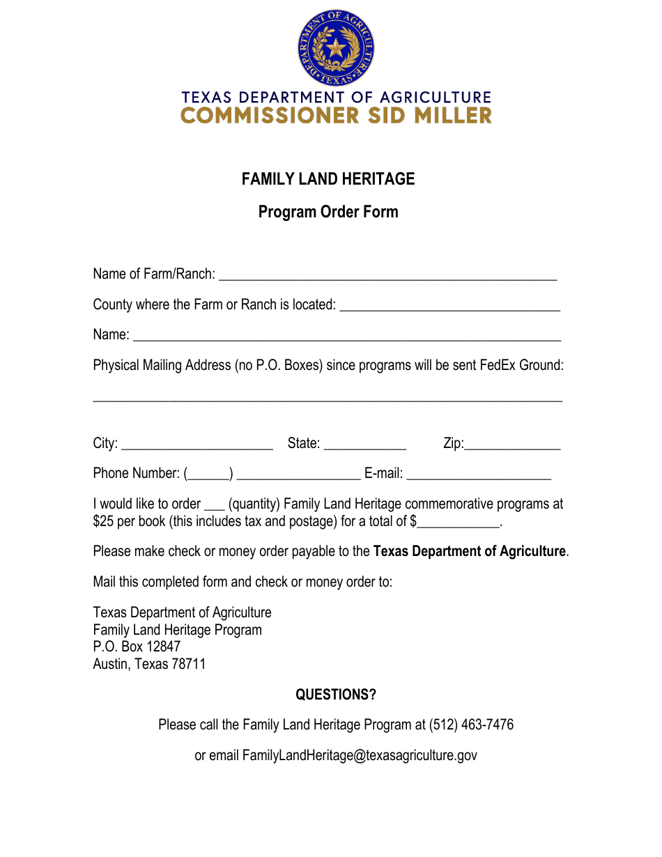 Texas Family Land Heritage Program Order Form - Fill Out, Sign Online ...