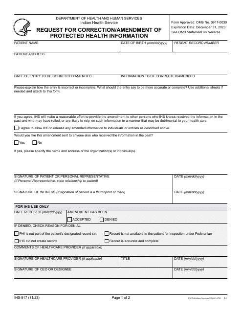 Form IHS-917 Download Fillable PDF or Fill Online Request for ...
