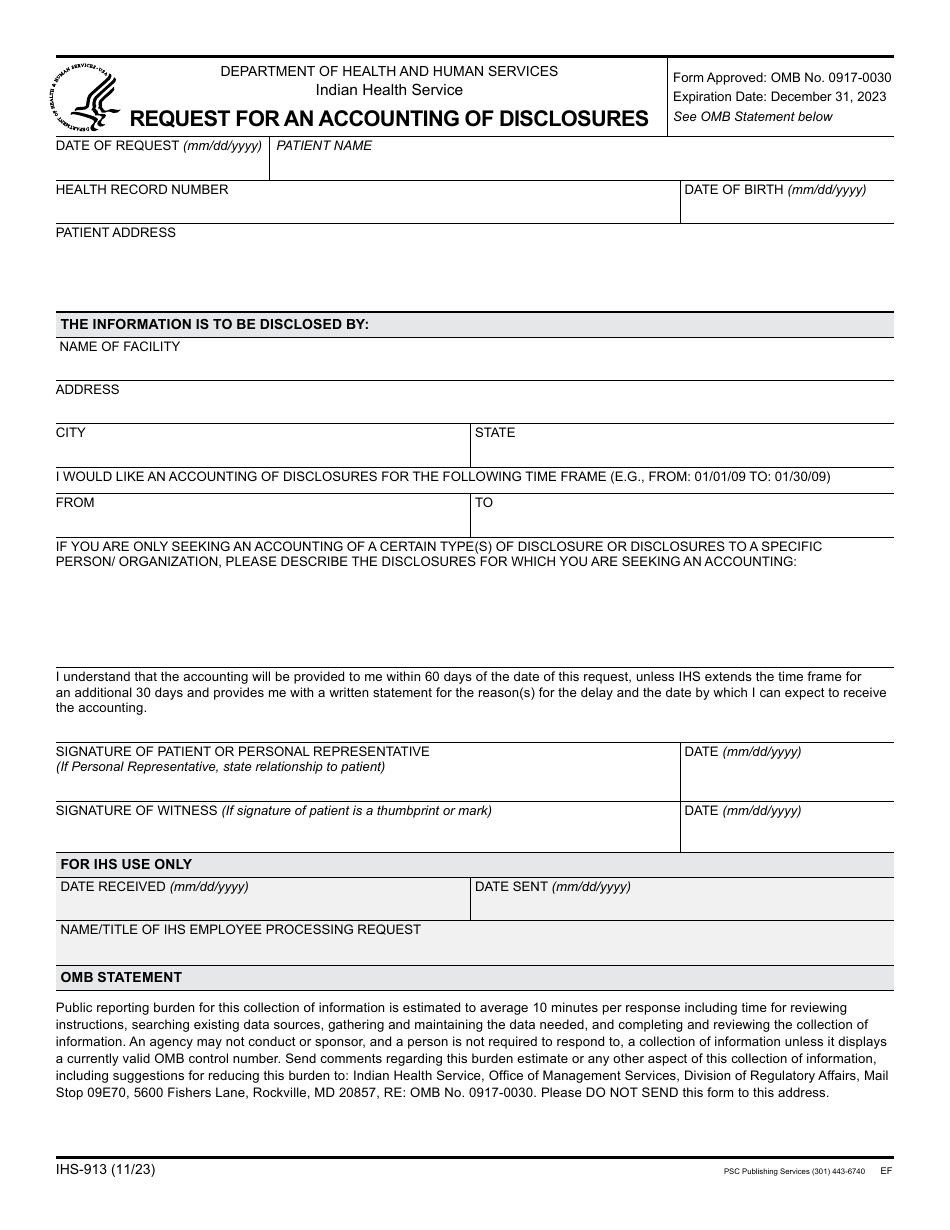 Form IHS-913 Download Fillable PDF or Fill Online Request for an ...
