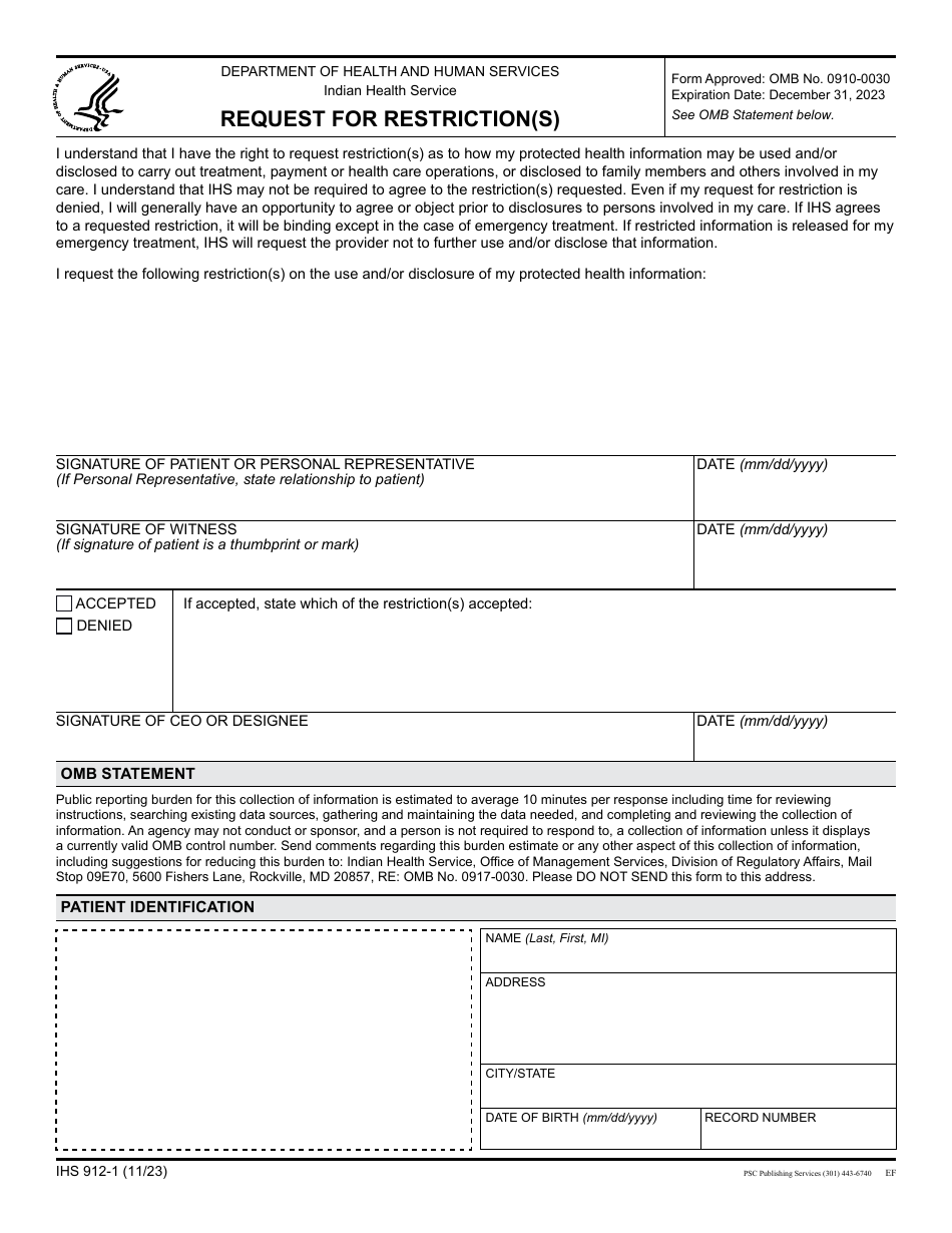 Form IHS-912-1 Download Fillable PDF or Fill Online Request for ...