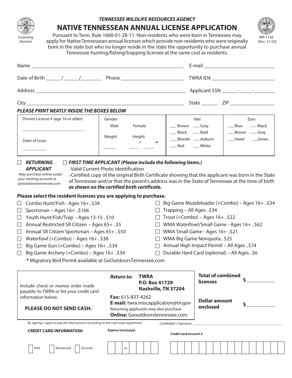 Form WR-1156 Download Fillable PDF or Fill Online Native Tennessean ...