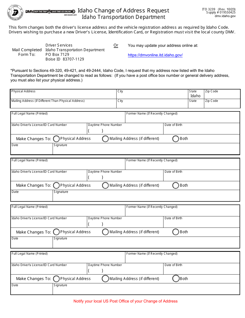 Form ITD3239 Download Fillable PDF or Fill Online Idaho Change of ...