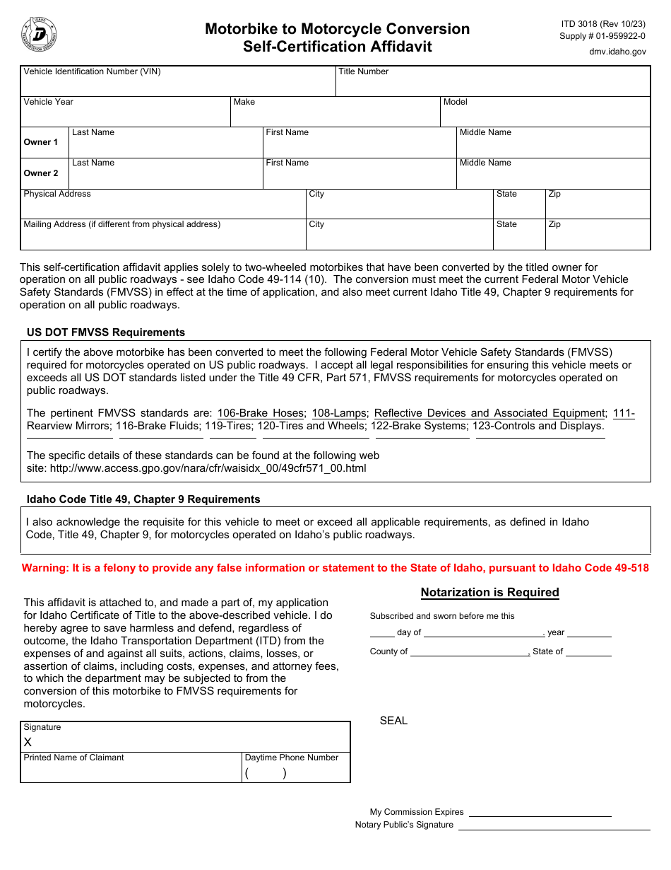 Form ITD3018 Download Fillable PDF or Fill Online Motorbike to ...