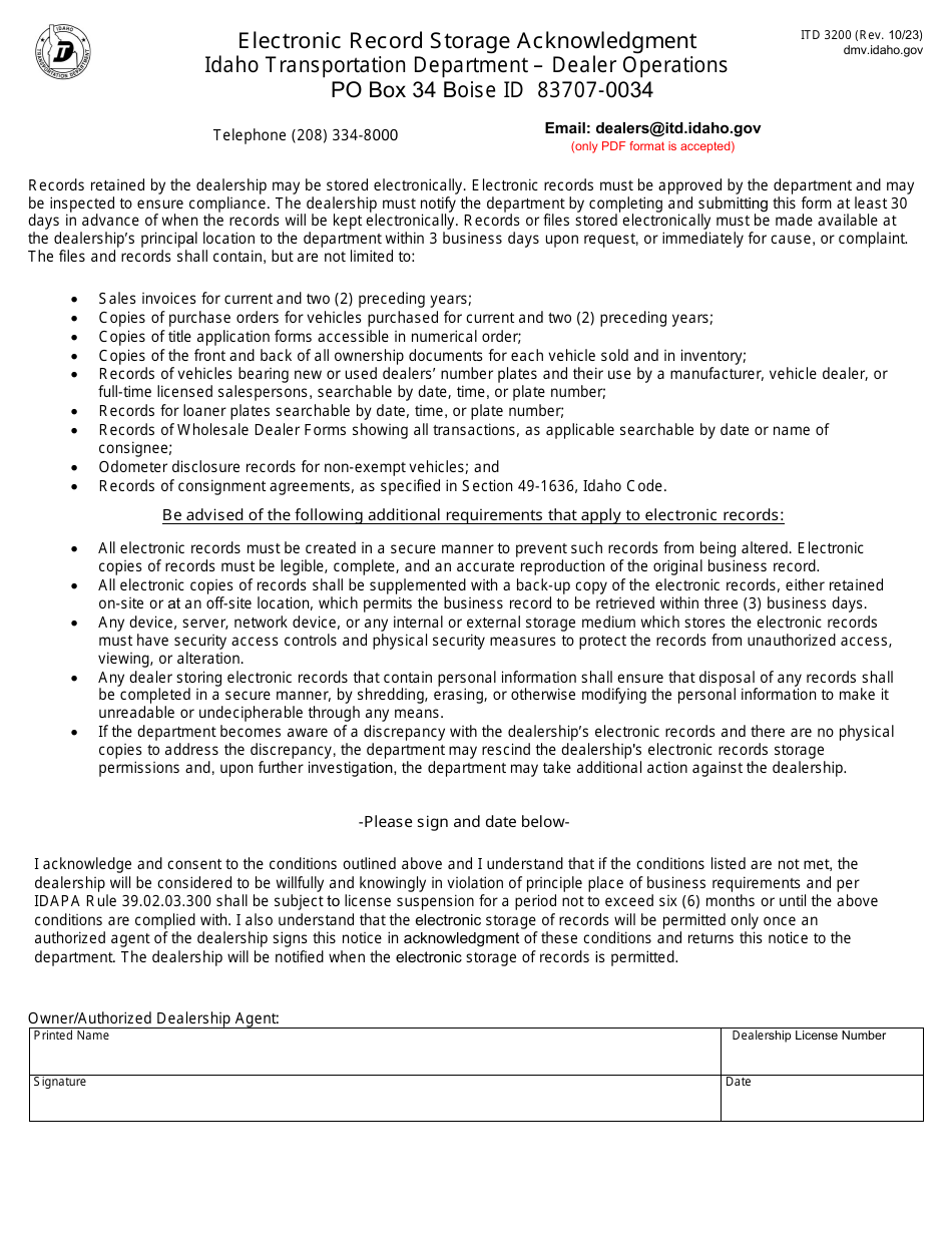 Form ITD3200 - Fill Out, Sign Online and Download Fillable PDF, Idaho ...