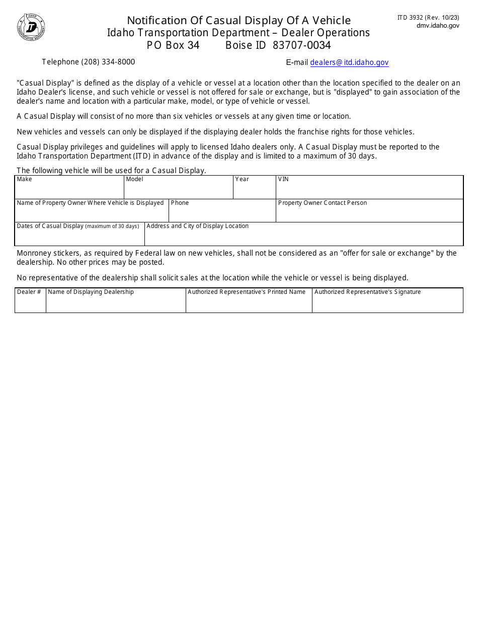 Form ITD3932 - Fill Out, Sign Online and Download Fillable PDF, Idaho ...