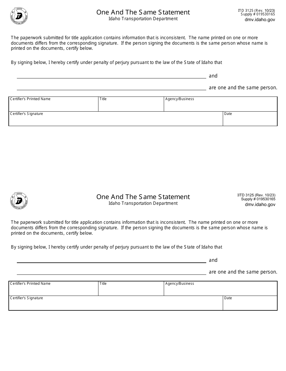 Form ITD3125 Download Fillable PDF or Fill Online One and the Same ...