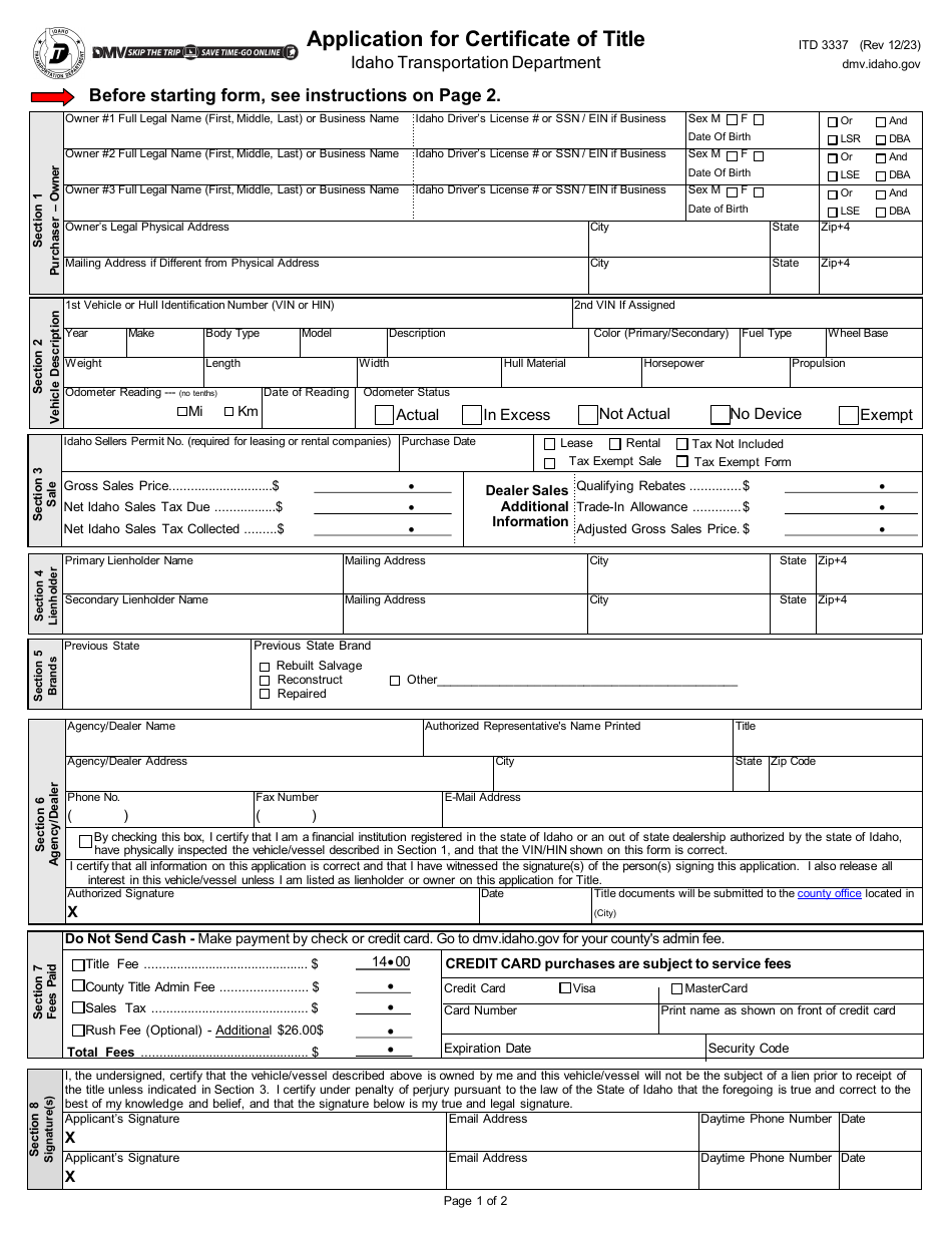 Form ITD3337 Download Fillable PDF or Fill Online Application for Certificate of Title, Idaho ...