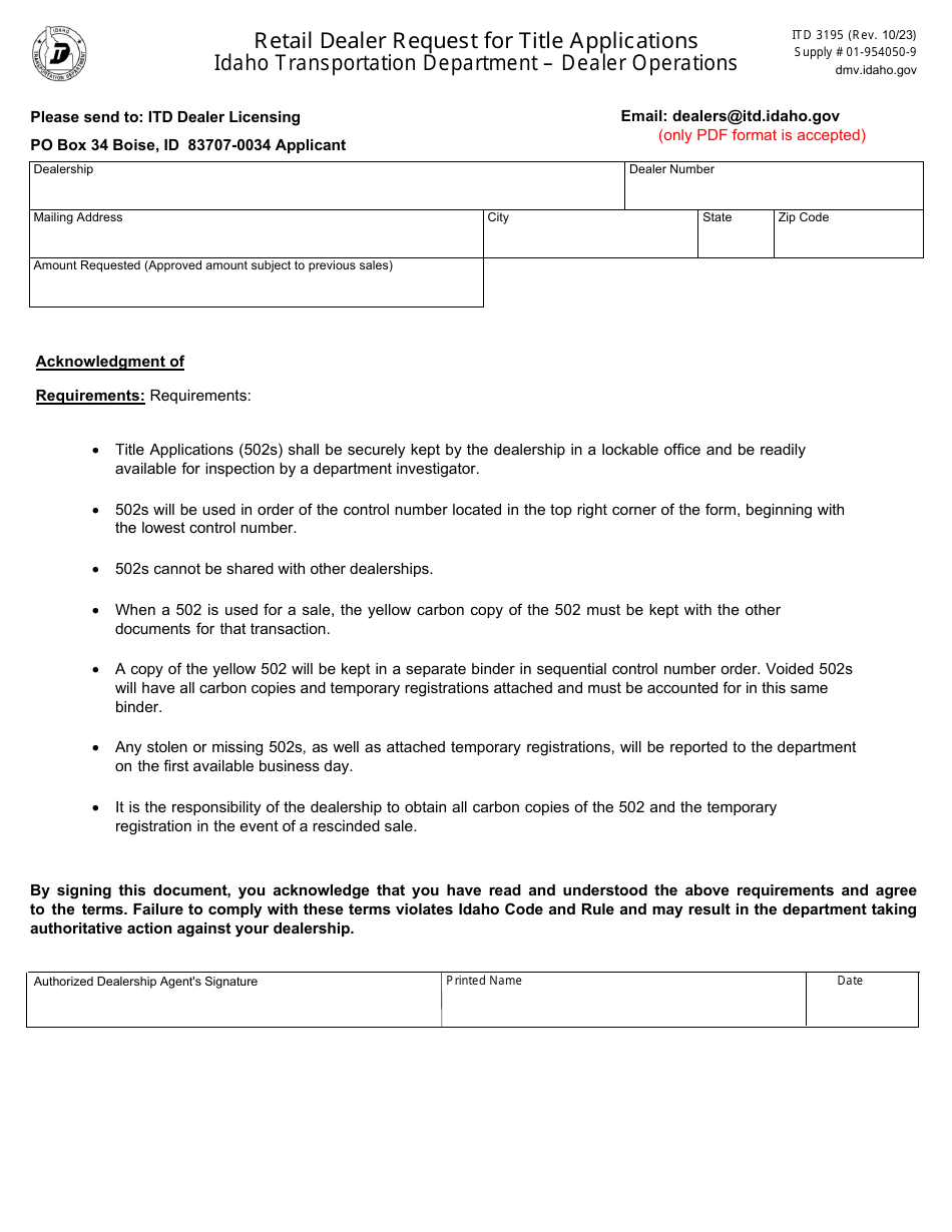 Form ITD3195 Download Fillable PDF or Fill Online Retail Dealer Request for Title Applications ...