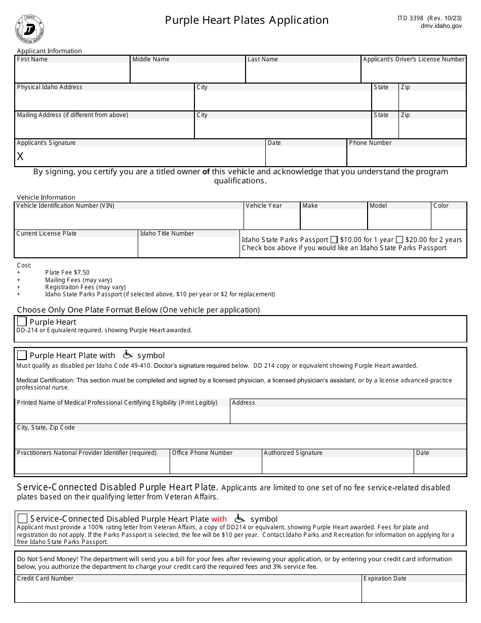 Form ITD3398 Download Fillable PDF or Fill Online Purple Heart Plates ...