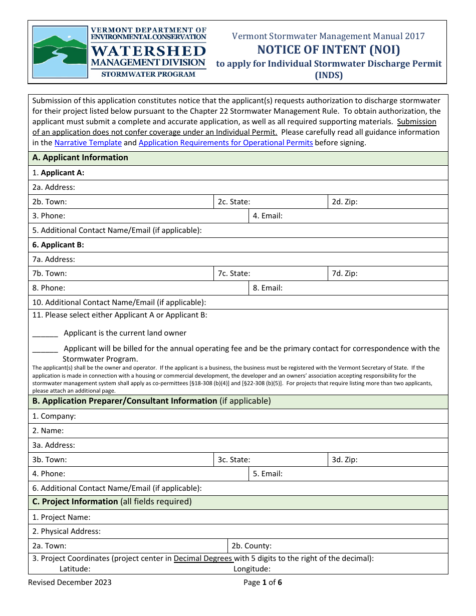 Vermont Notice of Intent (Noi) to Apply for Individual Stormwater ...