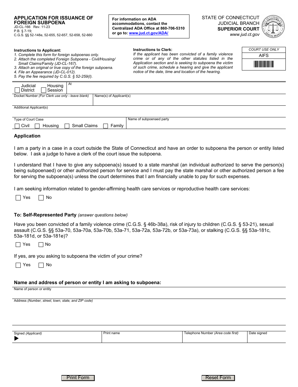 Form JD-CL-166 - Fill Out, Sign Online and Download Fillable PDF, Connecticut | Templateroller