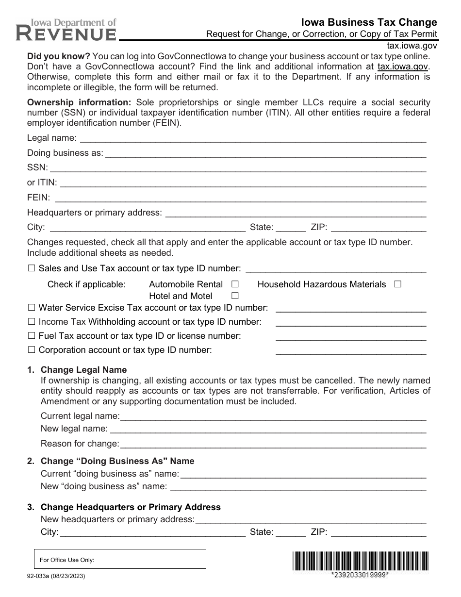 Form 92-033 Download Fillable PDF or Fill Online Iowa Business Tax ...