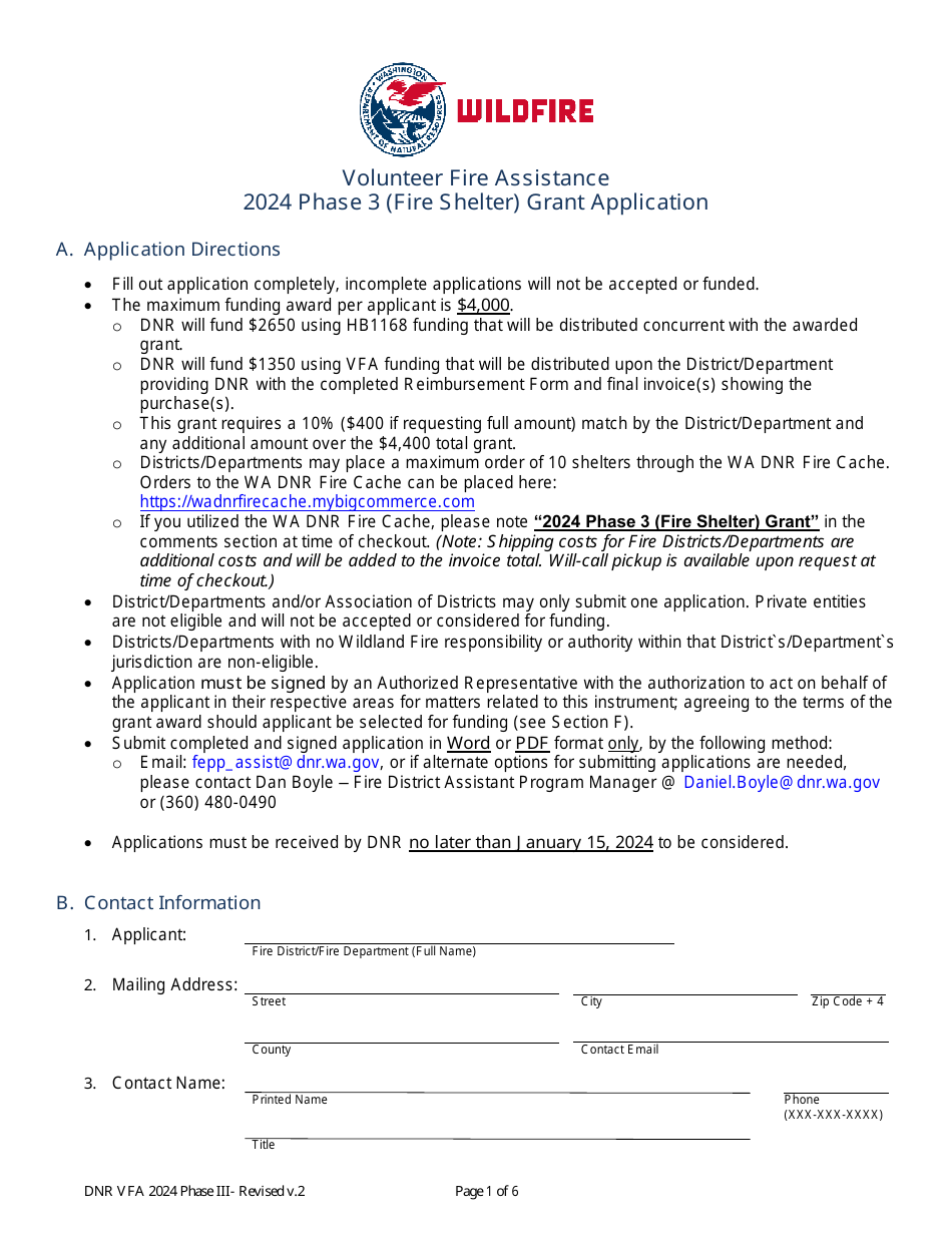 2024 Washington Volunteer Fire Assistance Phase 3 (Fire Shelter) Grant ...