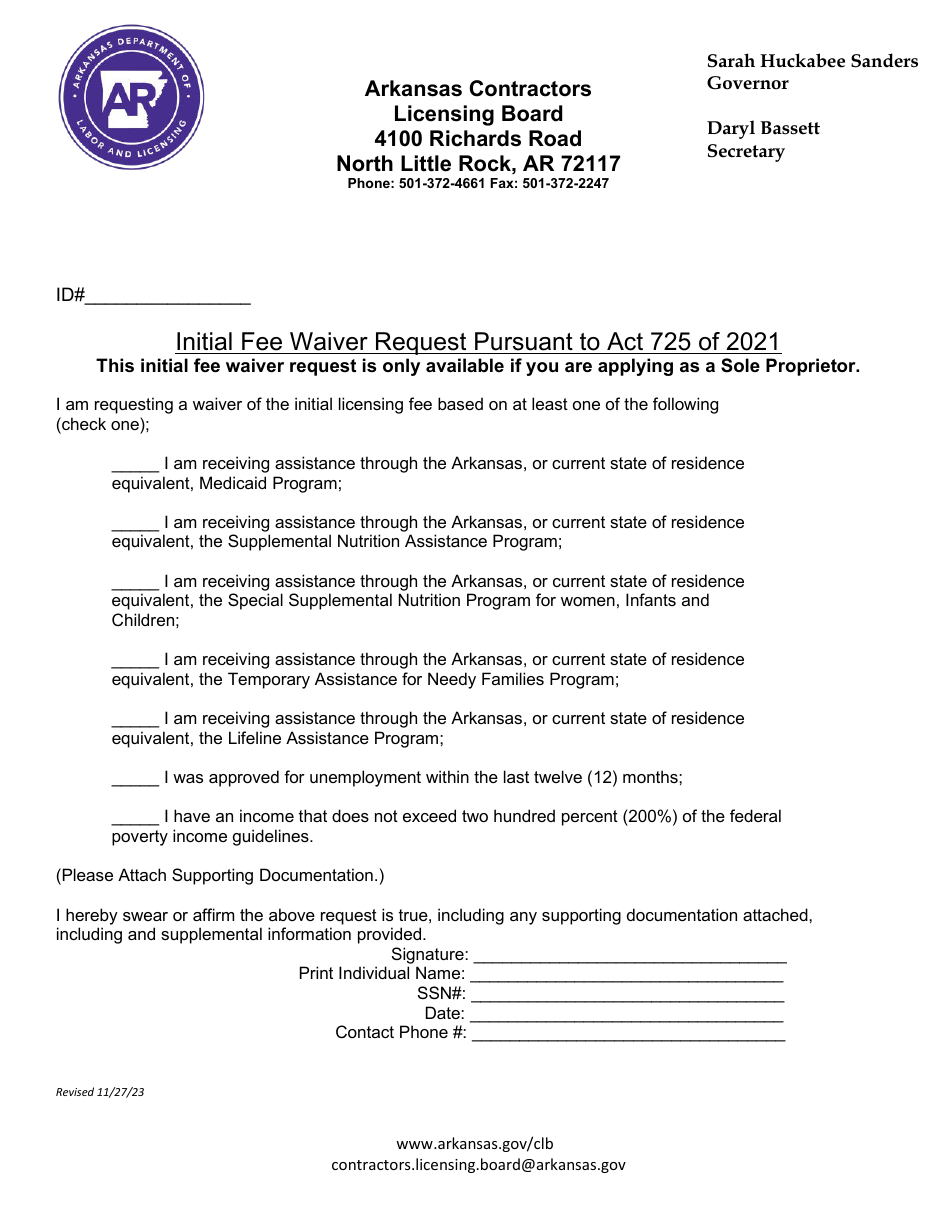 Arkansas Initial Fee Waiver Request Pursuant to Act 725 of 2021 ...