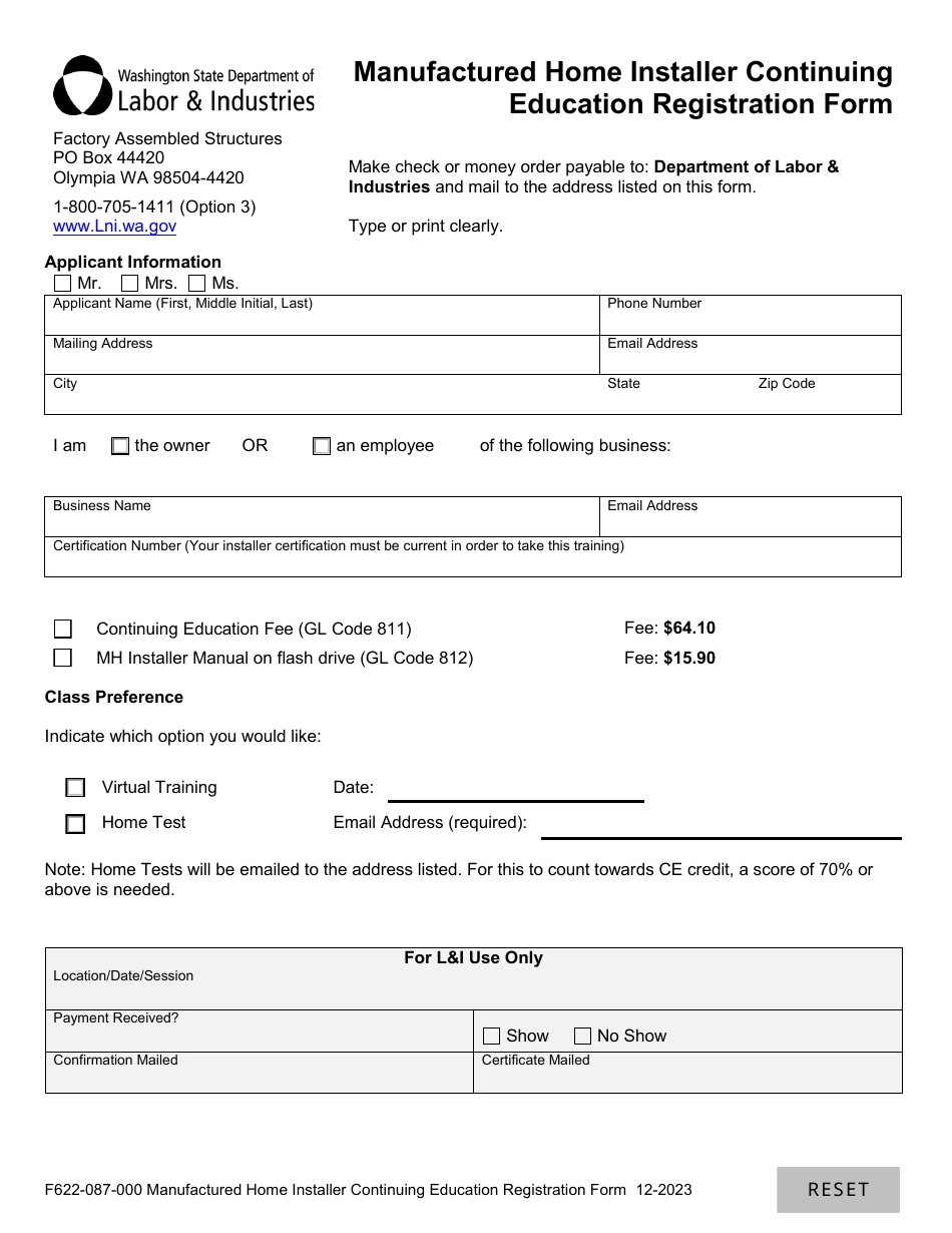 Form F622-087-000 Download Fillable PDF or Fill Online Manufactured Home Installer Continuing ...