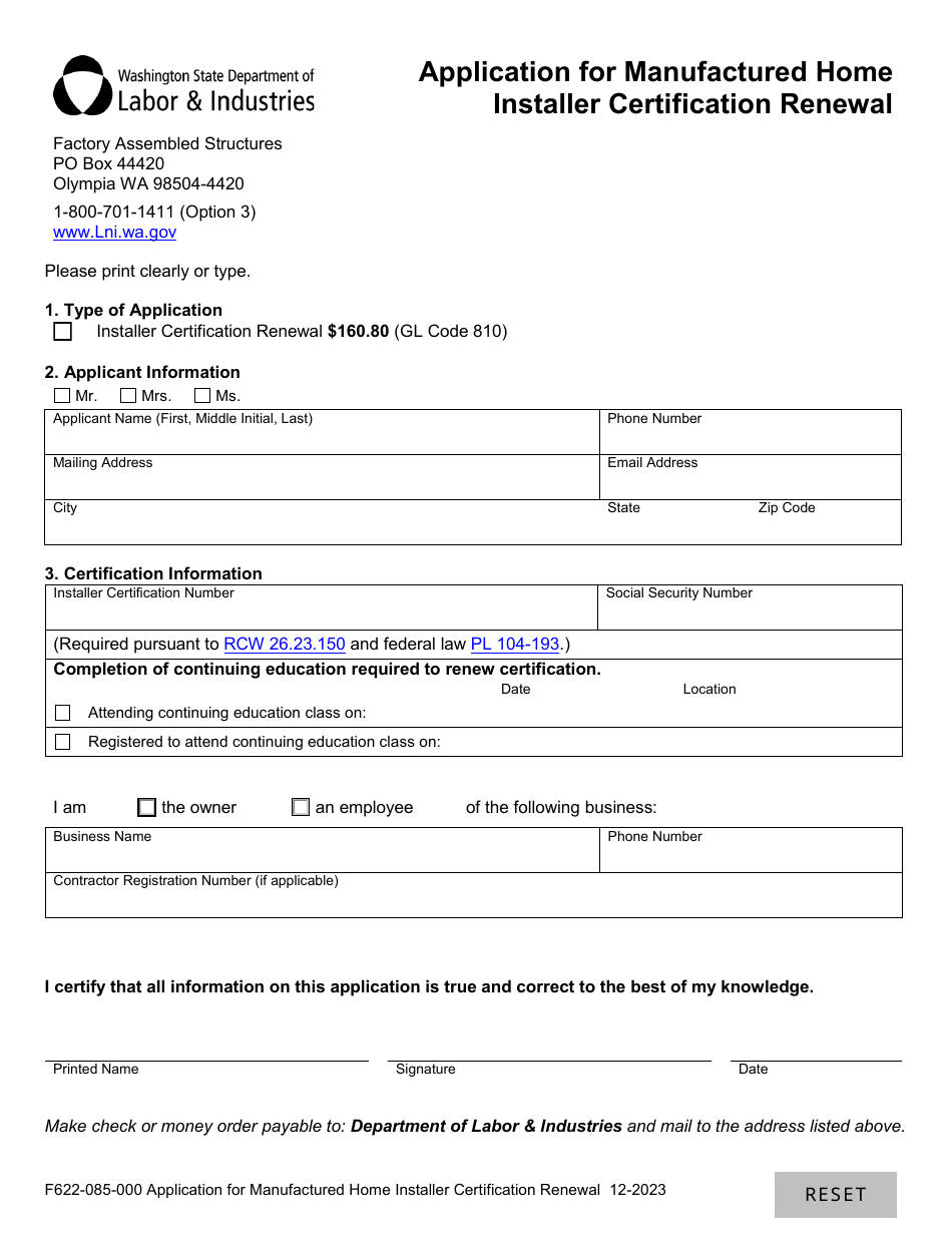 Form F622-085-000 Download Fillable PDF or Fill Online Application for Manufactured Home ...