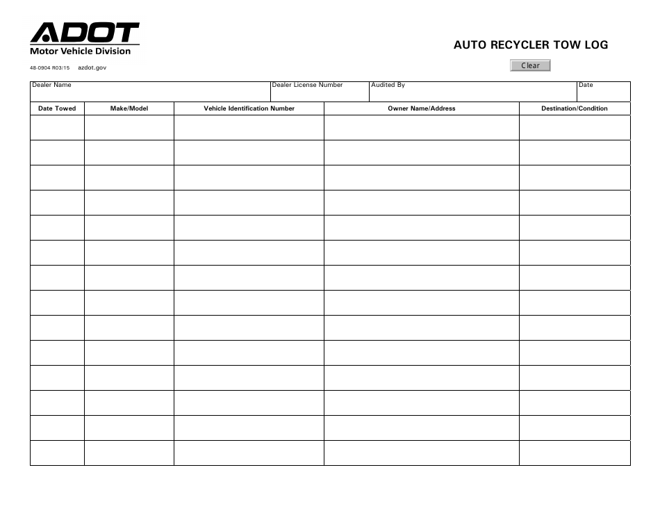 Form 48-0904 Download Fillable PDF or Fill Online Auto Recycler Tow Log ...