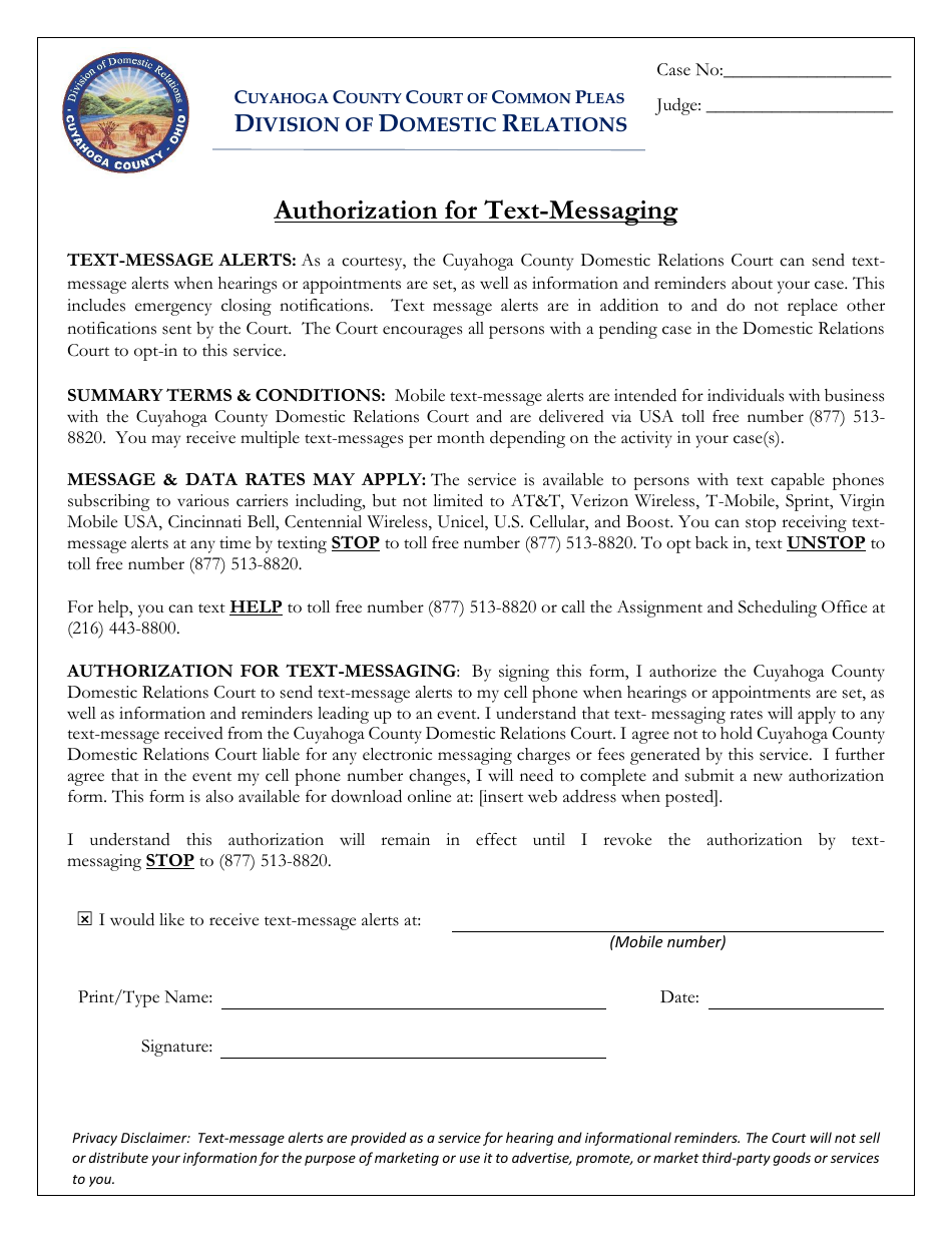 Cuyahoga County, Ohio Authorization for Text-Messaging - Fill Out, Sign ...