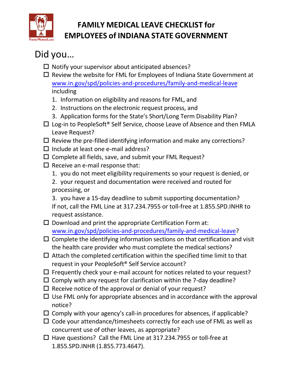 Indiana Family Medical Leave Checklist for Employees of Indiana State ...