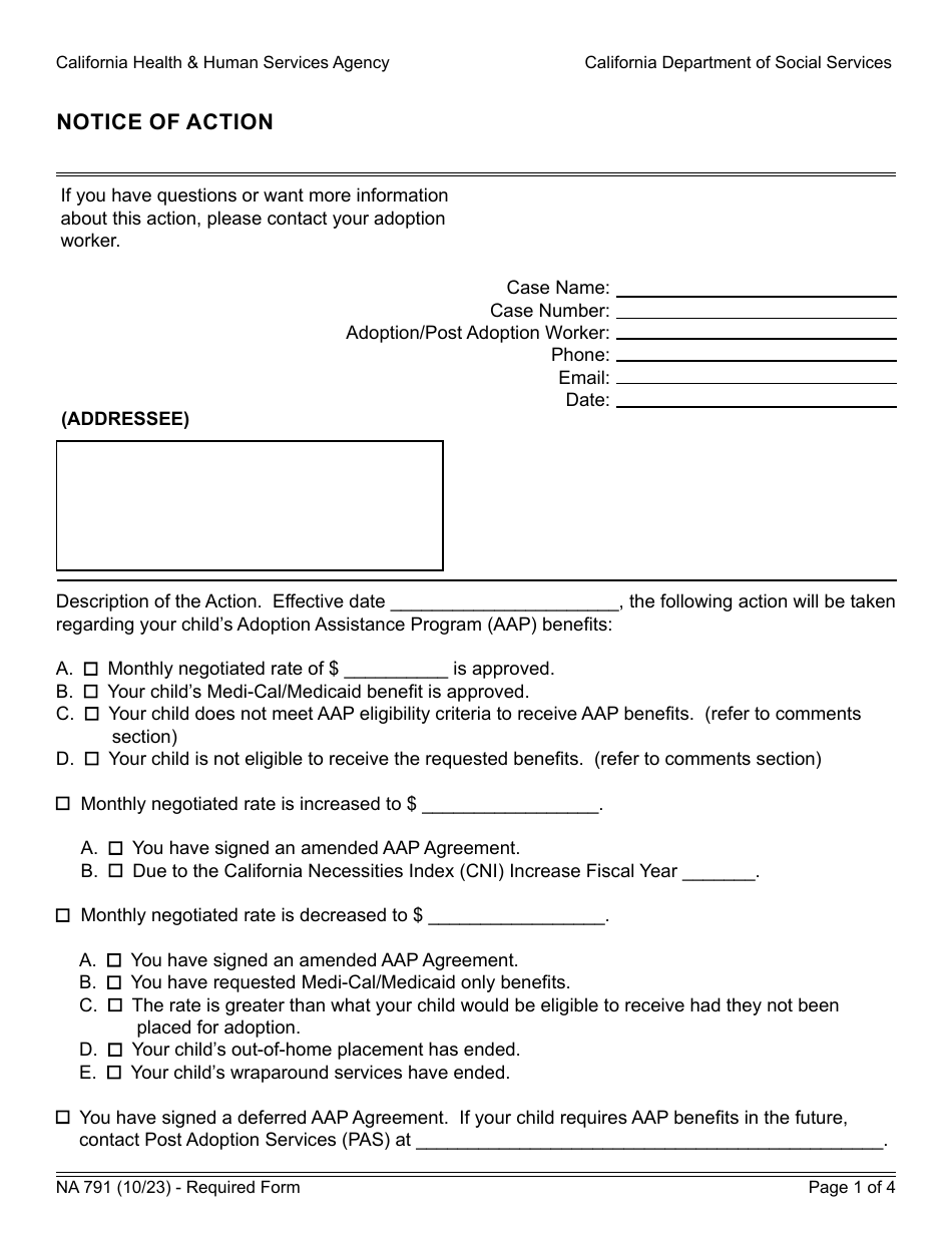 Form NA791 Download Fillable PDF or Fill Online Notice of Action ...
