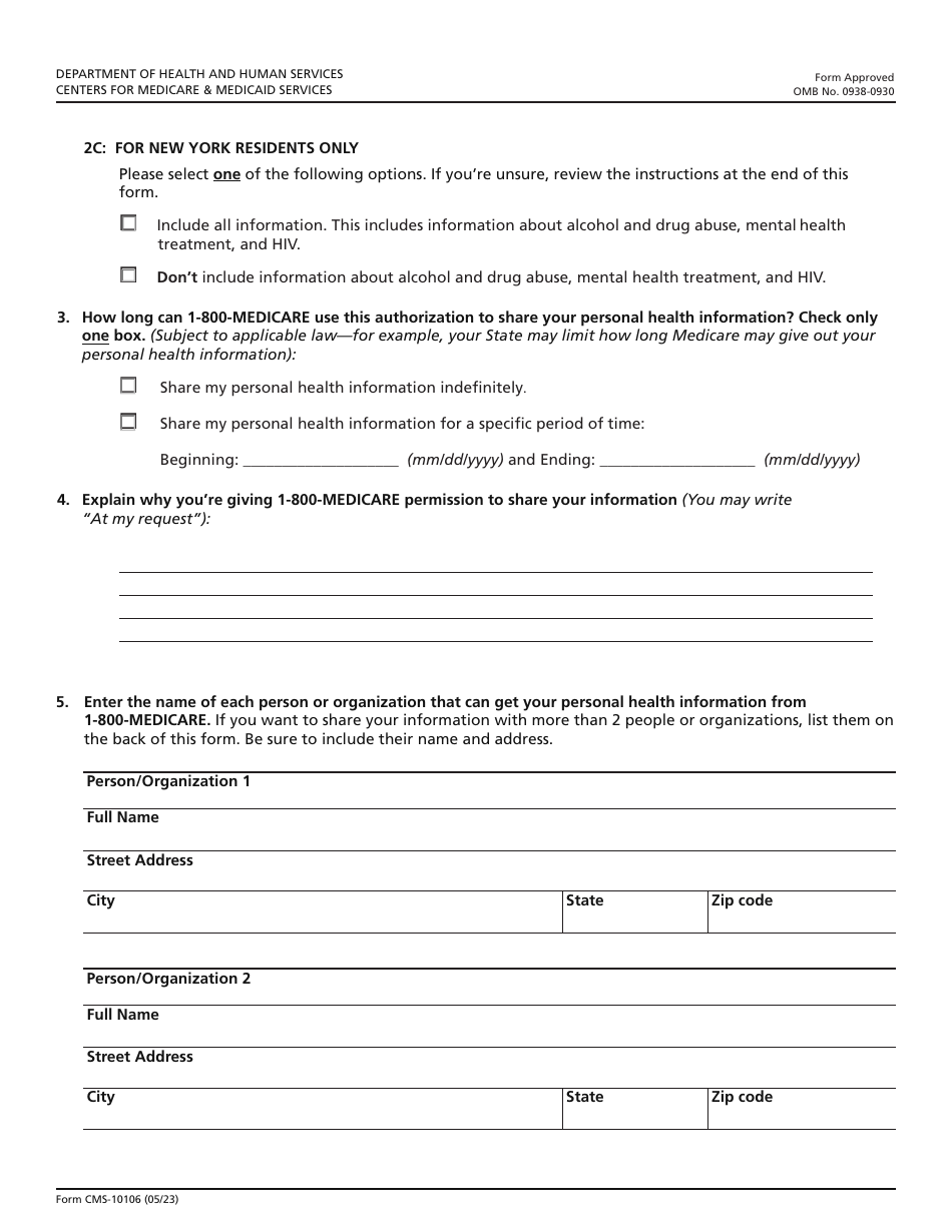 Form CMS-10106 Download Fillable PDF or Fill Online Authorization to Disclose Personal Health ...