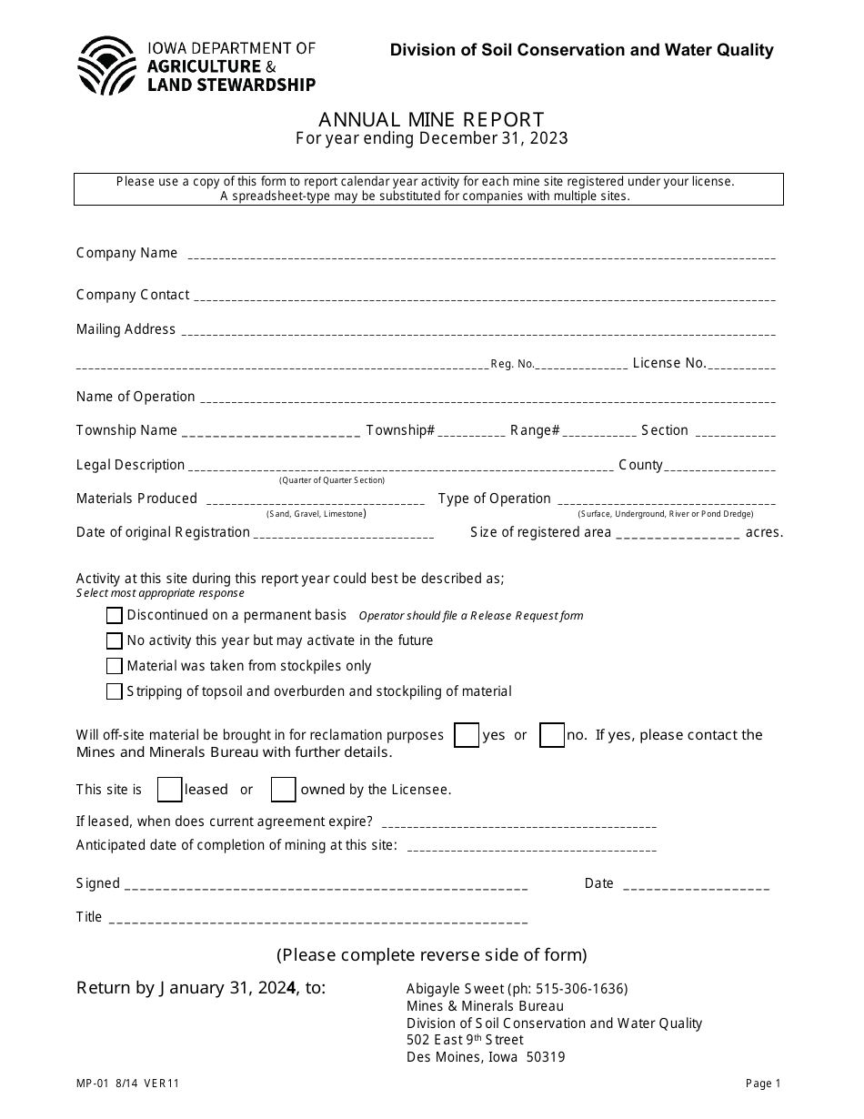 Form MP-01 Download Fillable PDF or Fill Online Annual Mine Report ...
