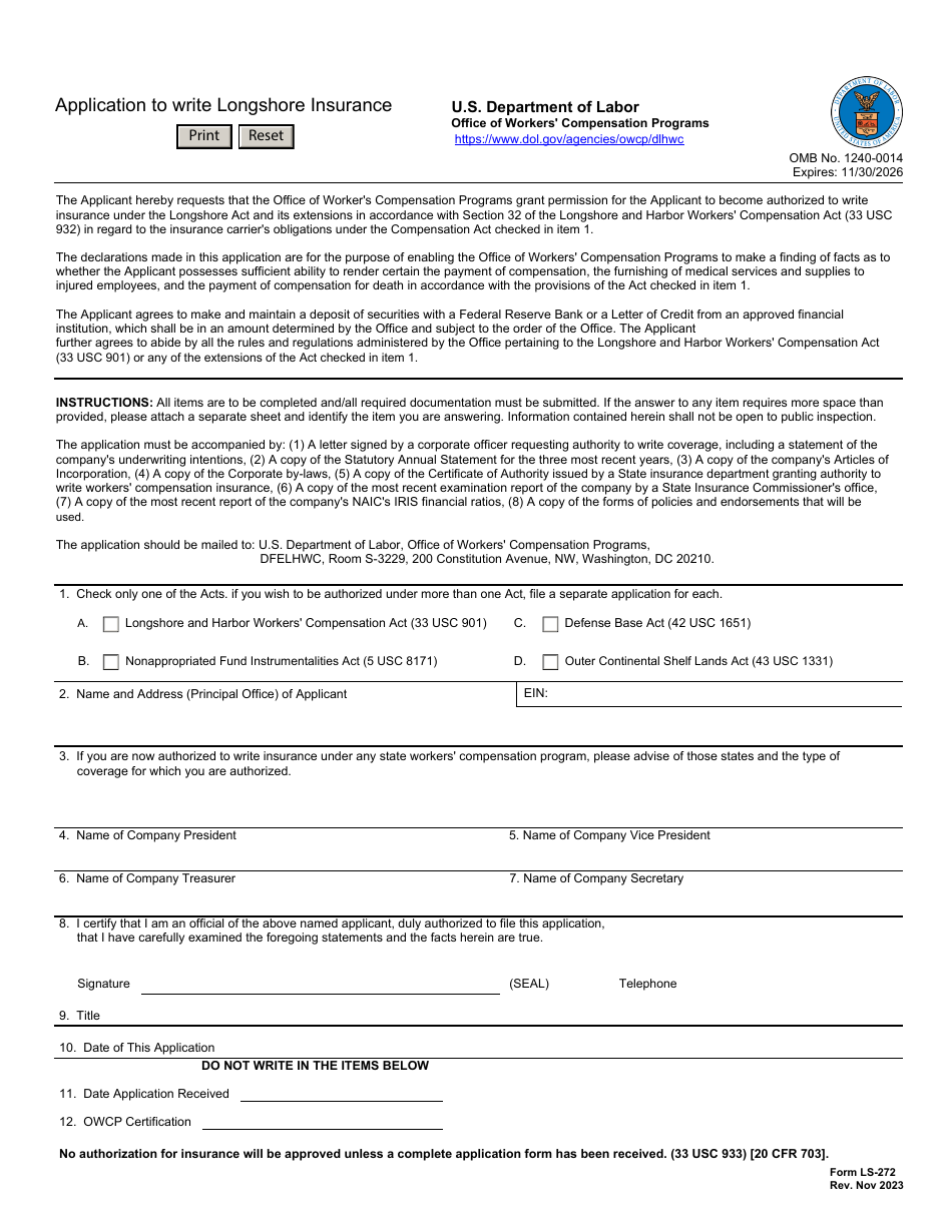 Form LS-272 Download Fillable PDF or Fill Online Application to Write ...