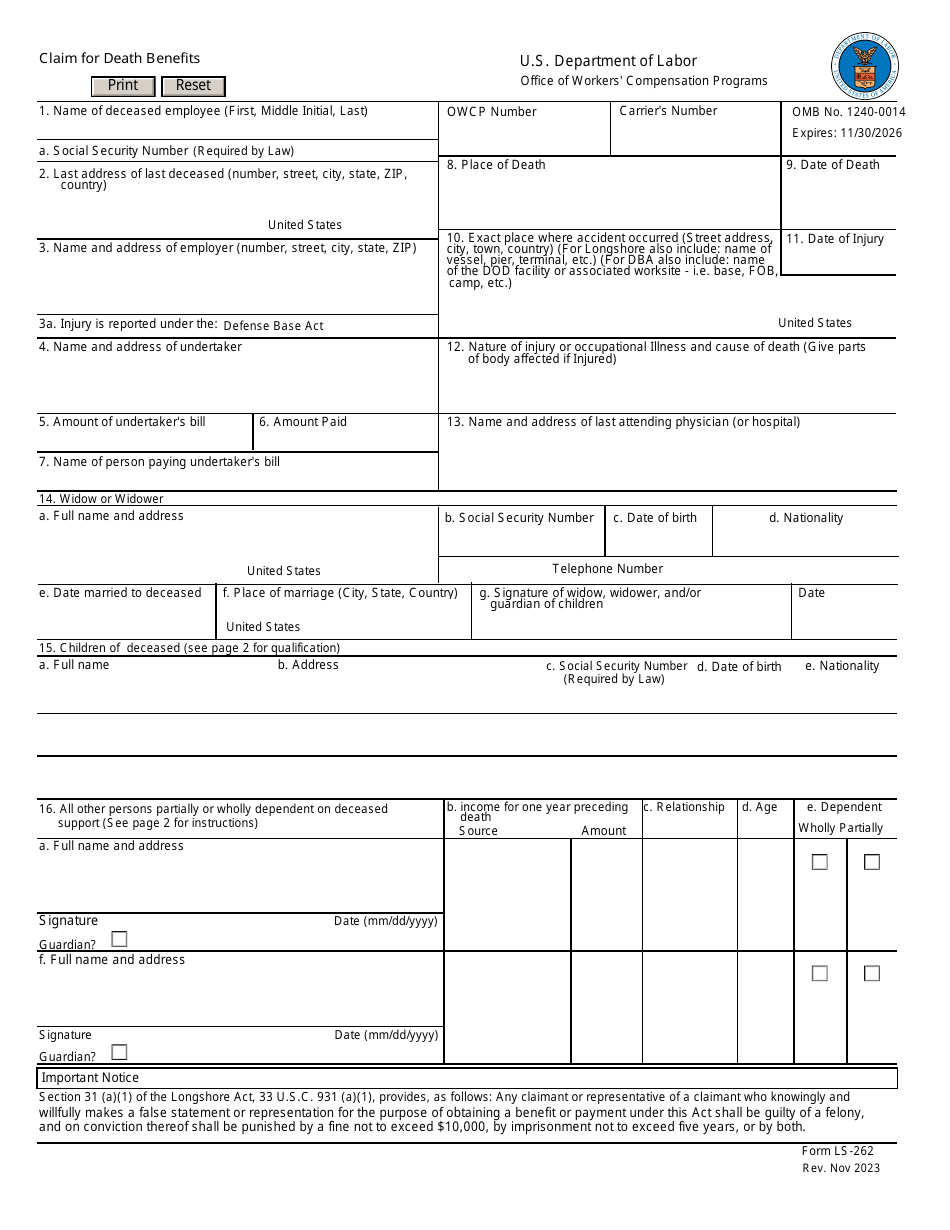 Form LS-262 Download Fillable PDF or Fill Online Claim for Death ...
