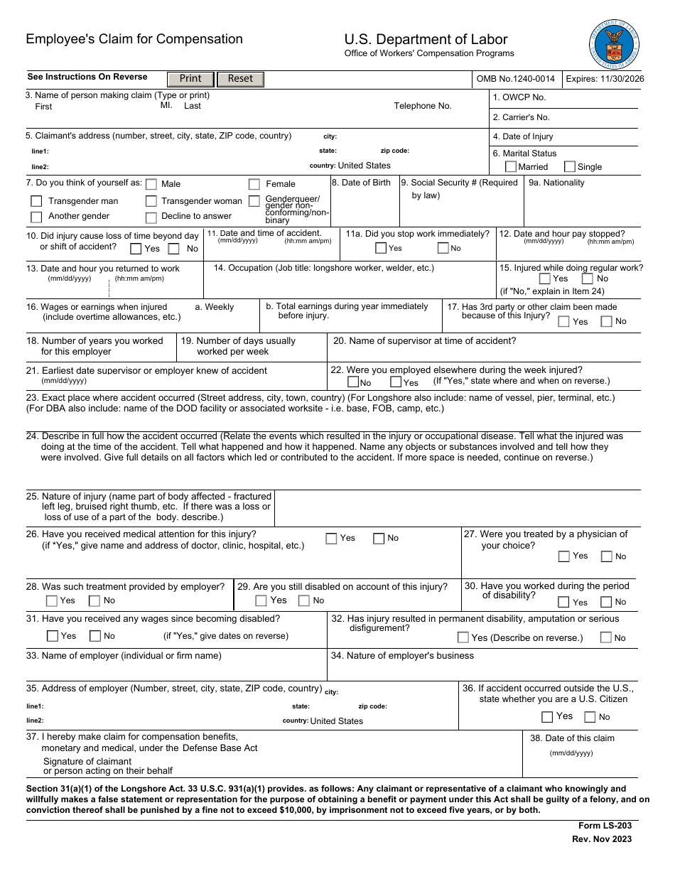 Form LS-203 Download Fillable PDF or Fill Online Employee's Claim for ...