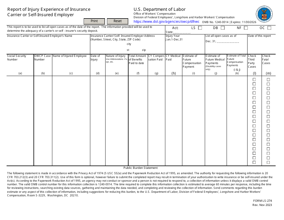 Form LS-274 Download Fillable PDF or Fill Online Report of Injury ...