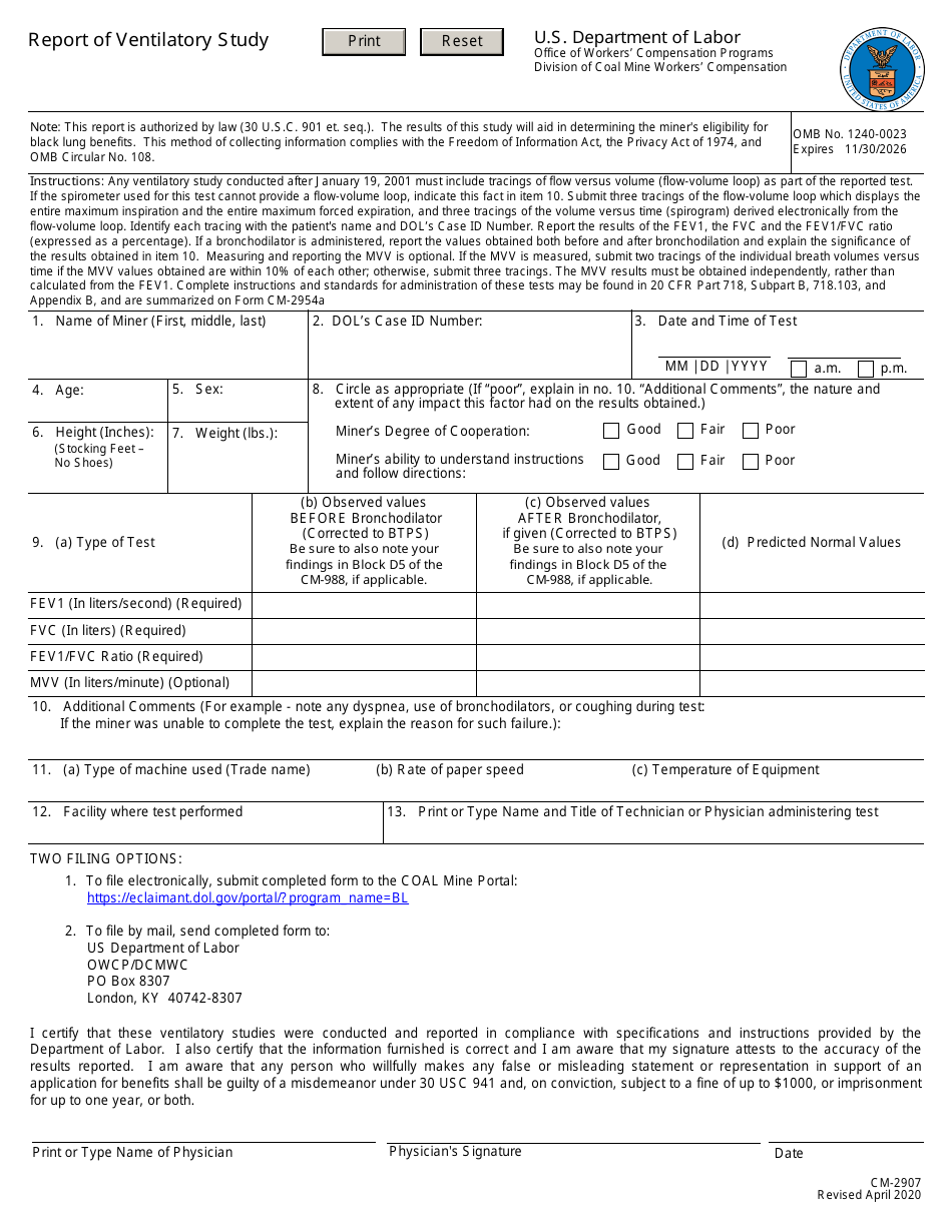 Form CM-2907 Download Fillable PDF or Fill Online Report of Ventilatory ...