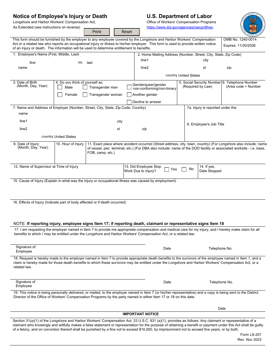 Form LS-201 Download Fillable PDF or Fill Online Notice of Employee's ...