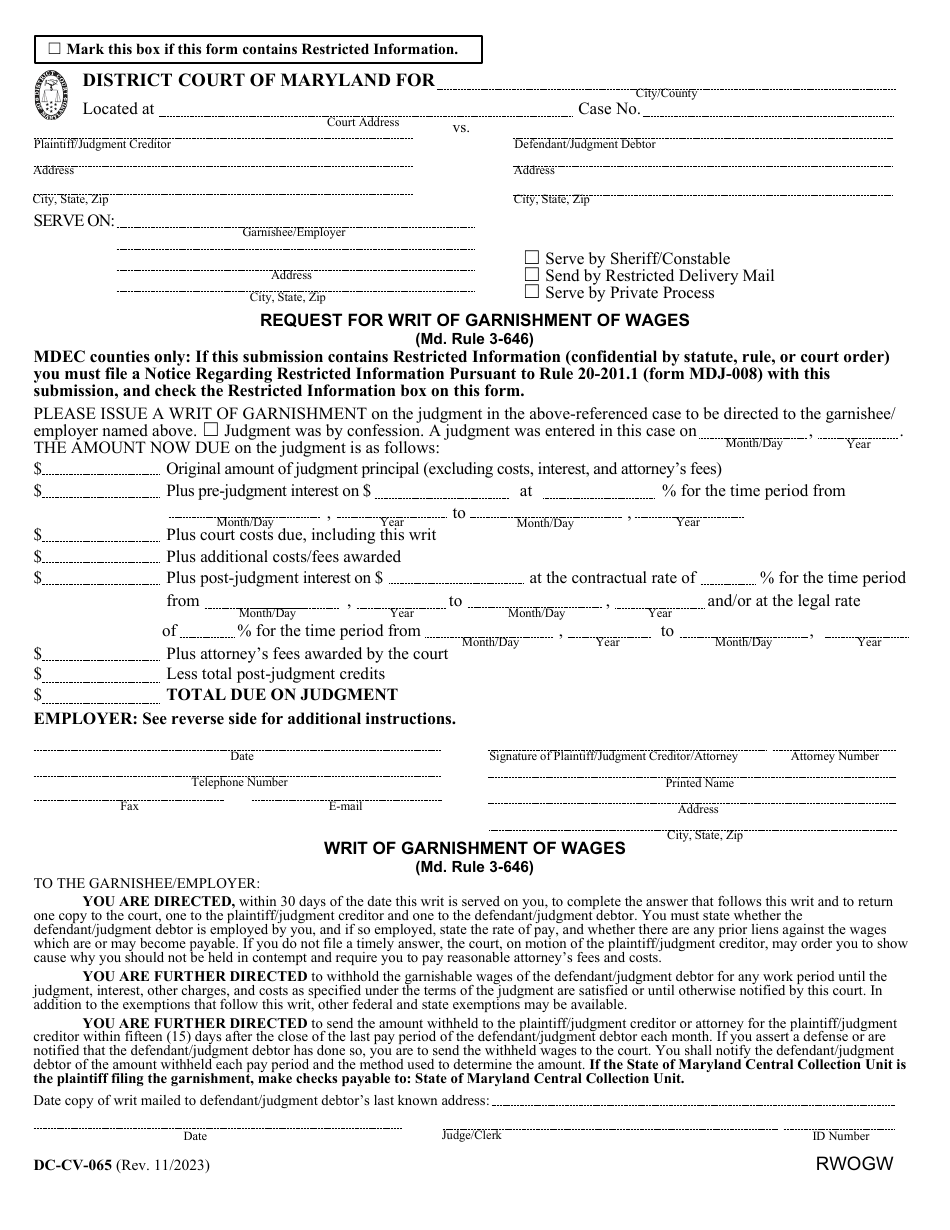 Form DC-CV-065 Download Fillable PDF or Fill Online Request for Writ of Garnishment of Wages ...