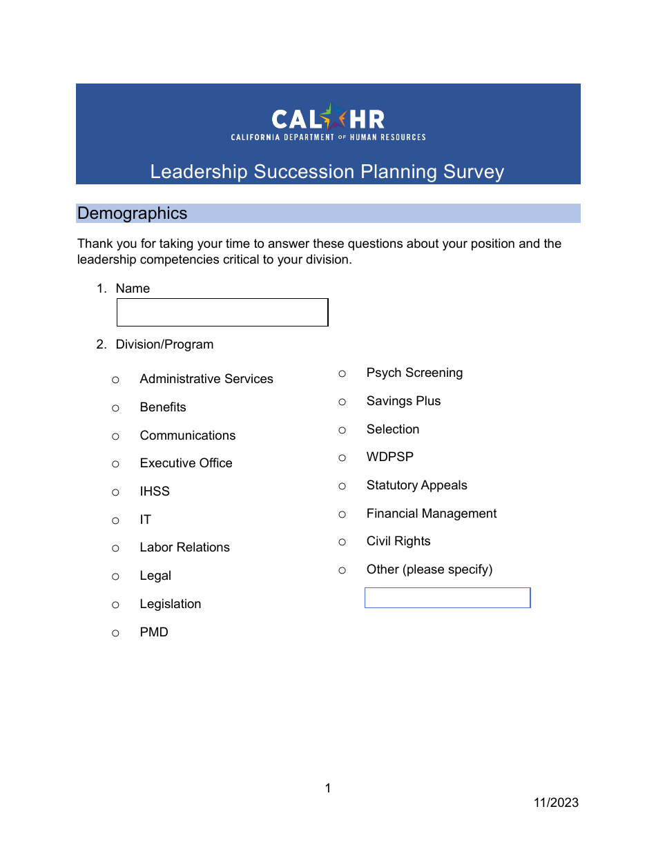 California Leadership Succession Planning Survey - Fill Out, Sign ...