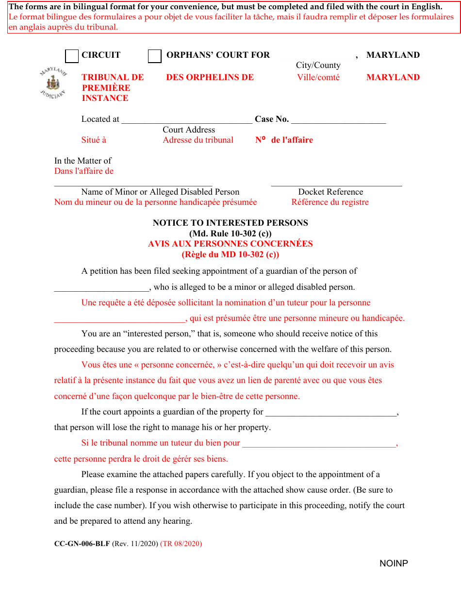 Form CC-GN-006-BLF - Fill Out, Sign Online and Download Fillable PDF, Maryland (English/French ...