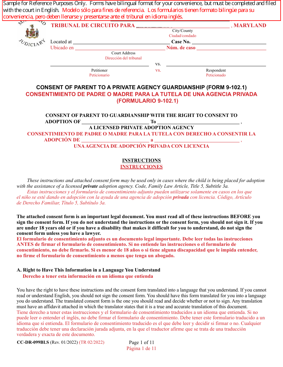 Form CC-DR-099BLS - Fill Out, Sign Online and Download Fillable PDF, Maryland (English/Spanish ...