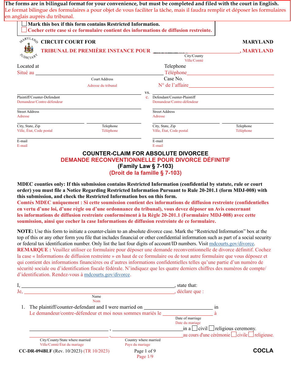 Form CC-DR-094BLF - Fill Out, Sign Online and Download Fillable PDF ...