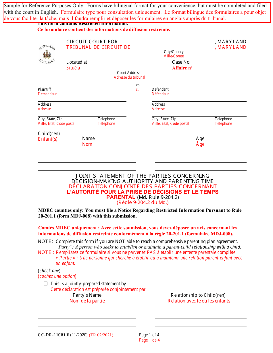 Form CC-DR-110BLF - Fill Out, Sign Online and Download Fillable PDF, Maryland (English/French ...