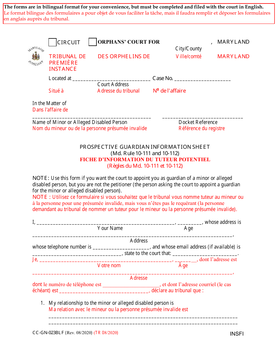 Form CC-GN-023BLF - Fill Out, Sign Online and Download Fillable PDF, Maryland (English/French ...