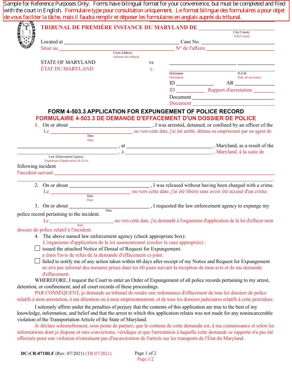 Form DC-CR-071BLF - Fill Out, Sign Online and Download Printable PDF, Maryland (English/French ...
