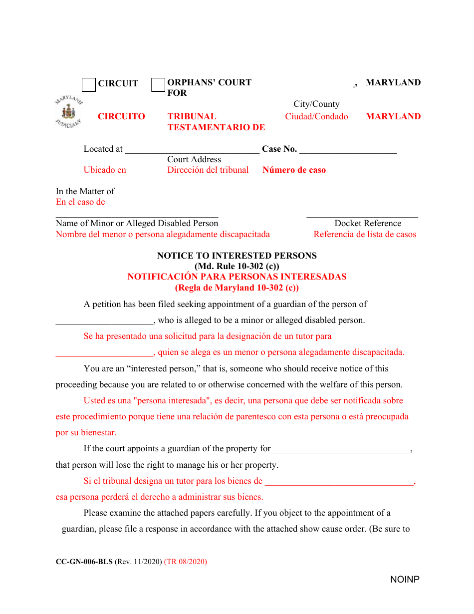 Form CC-GN-006-BLS - Fill Out, Sign Online and Download Fillable PDF, Maryland (English/Spanish ...