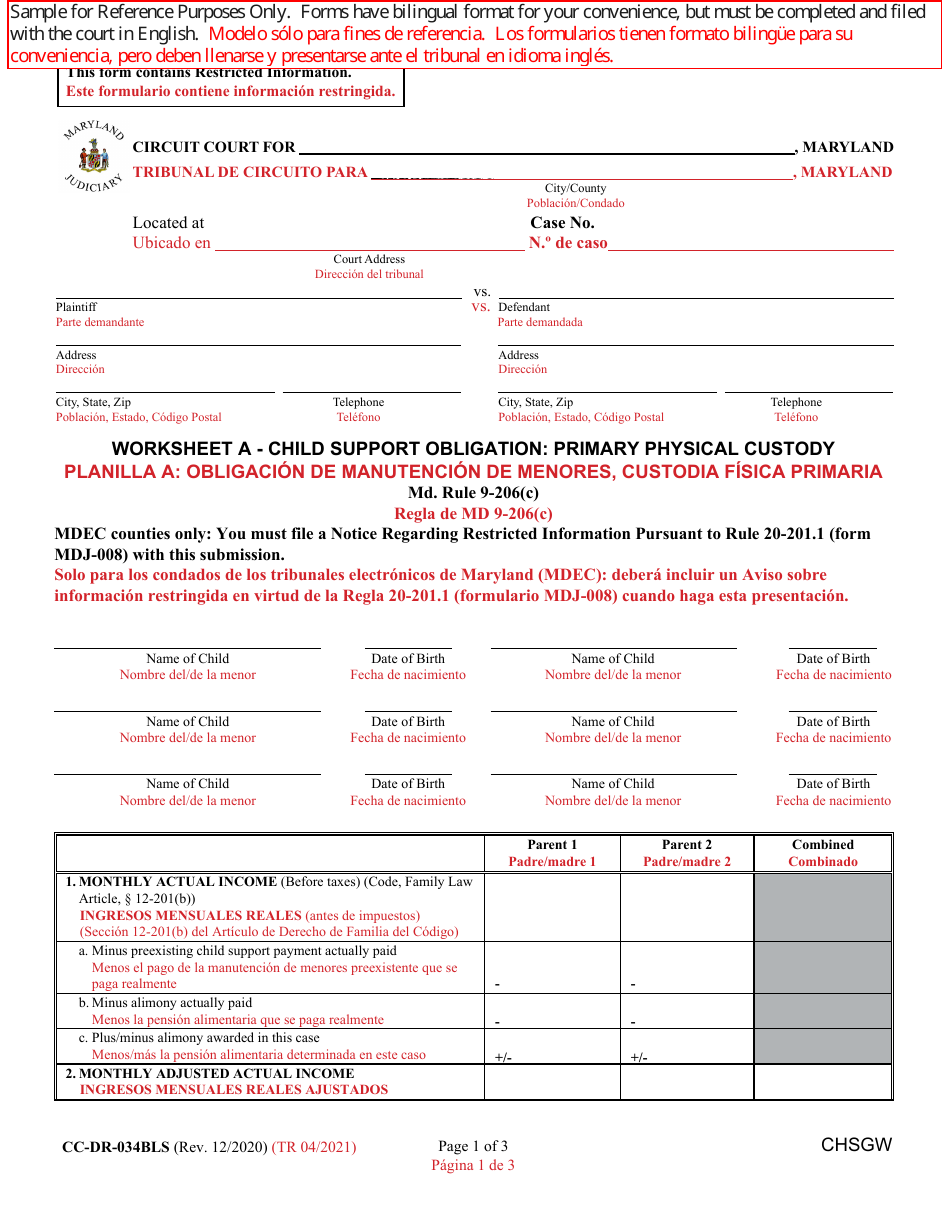 Form CC-DR-034BLS Worksheet A - Fill Out, Sign Online and Download ...
