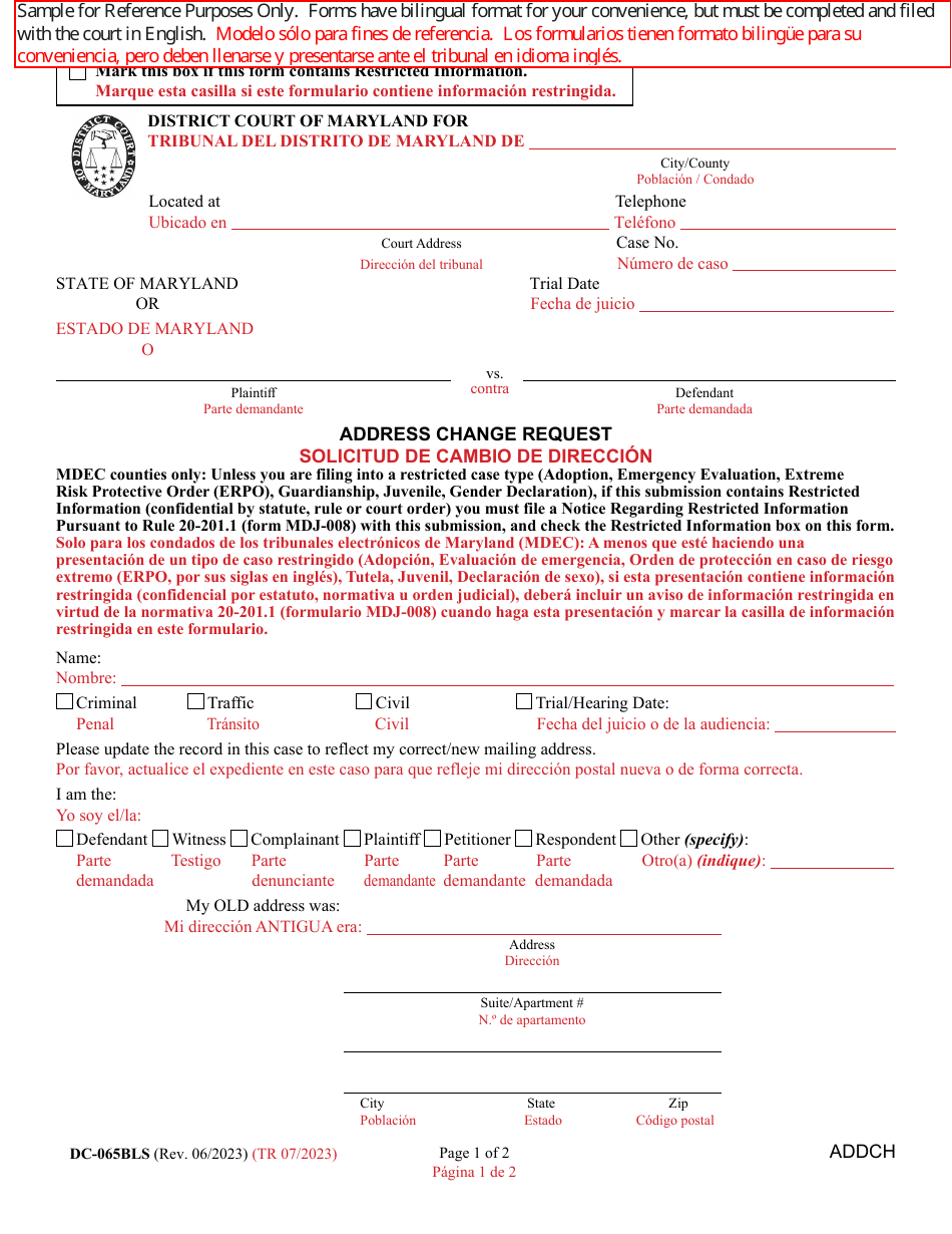 Form DC-065BLS - Fill Out, Sign Online and Download Printable PDF, Maryland (English/Spanish ...
