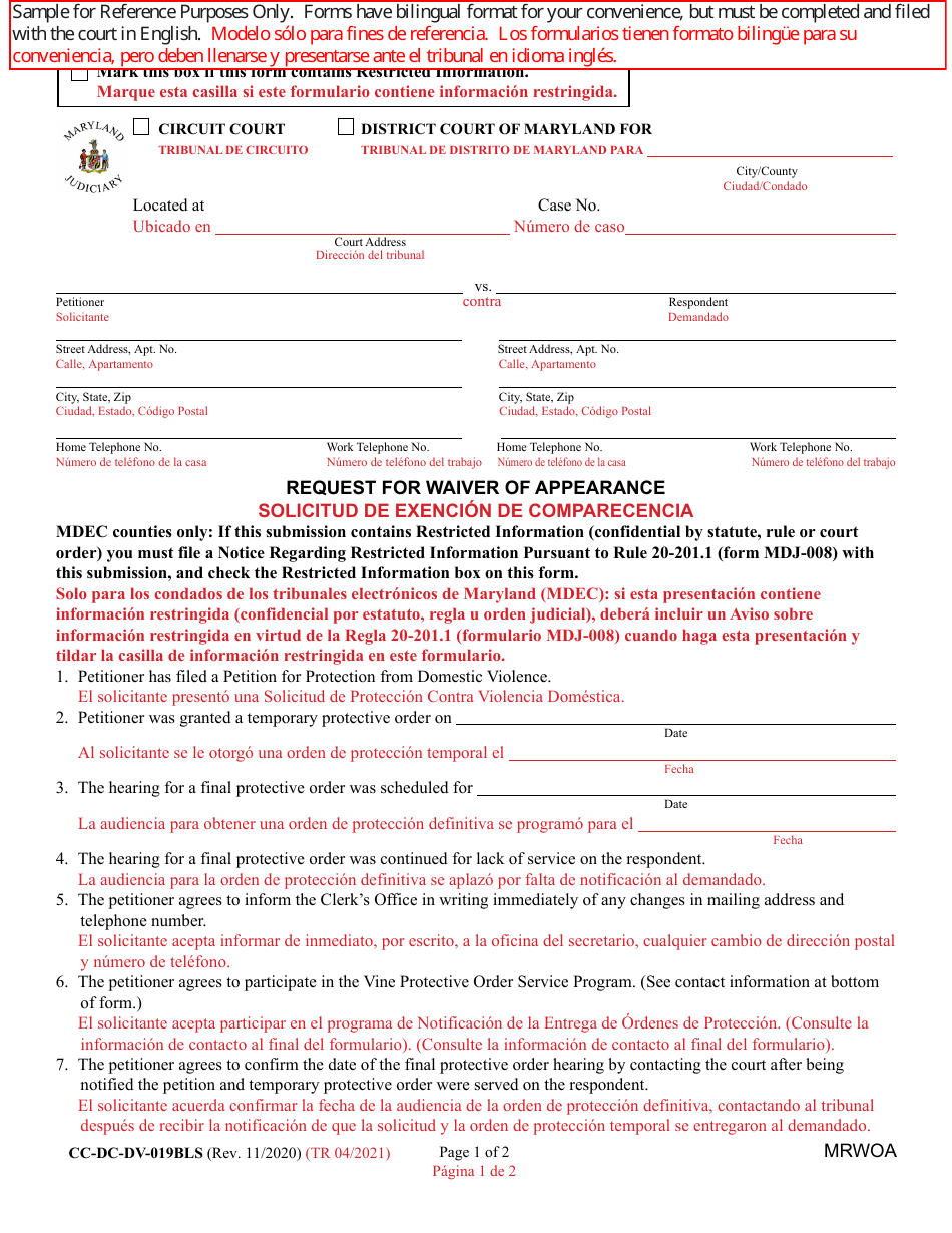 Form CC-DC-DV-019BLS - Fill Out, Sign Online and Download Printable PDF ...