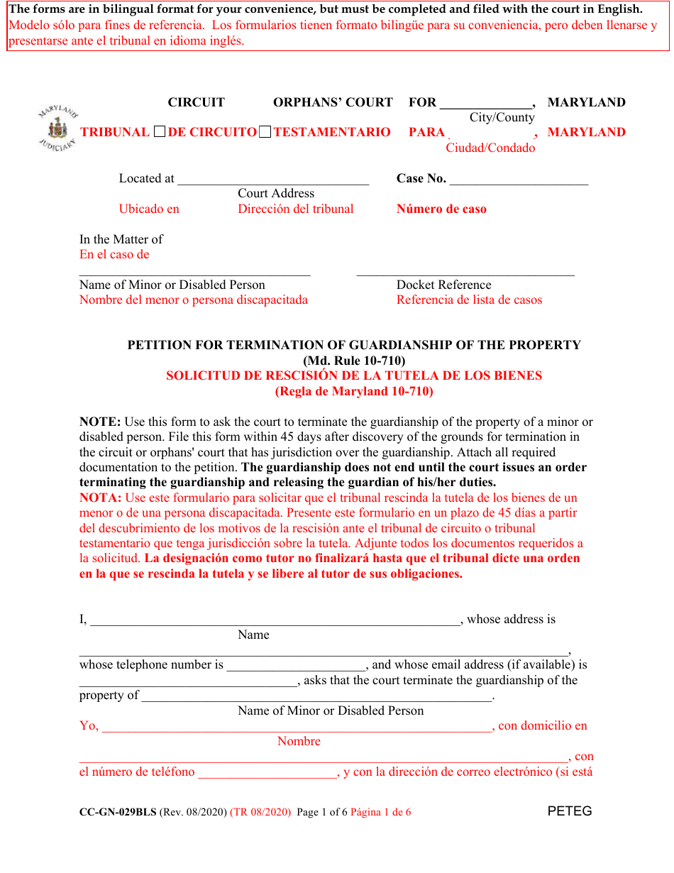 Form CC-GN-029BLS - Fill Out, Sign Online and Download Fillable PDF, Maryland (English/Spanish ...