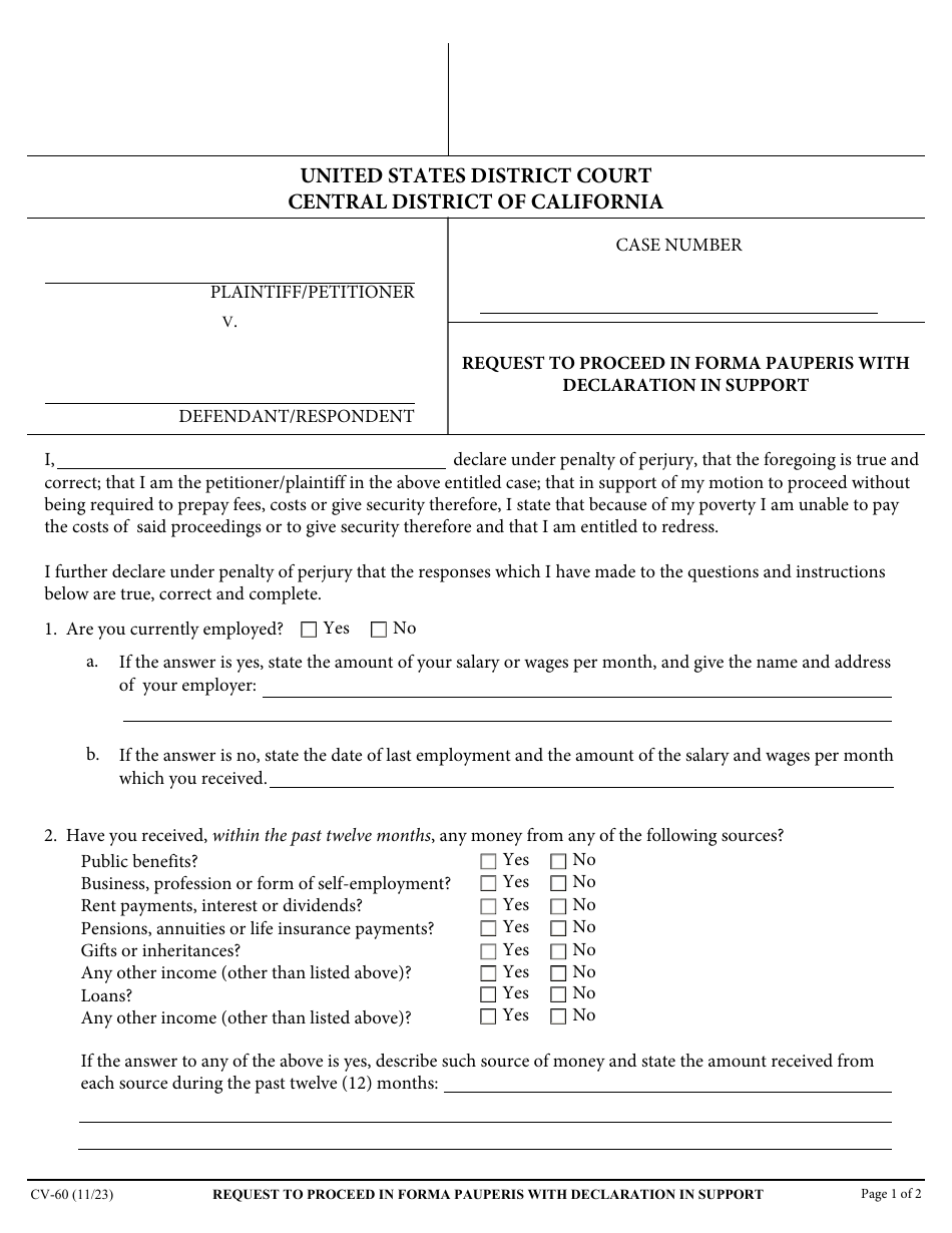 Form CV-60 Download Fillable PDF or Fill Online Request to Proceed in ...