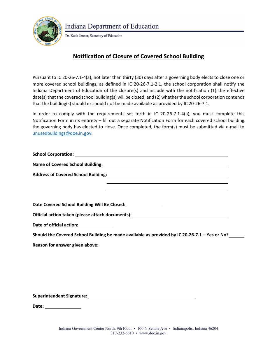 Indiana Notification of Closure of Covered School Building - Fill Out ...