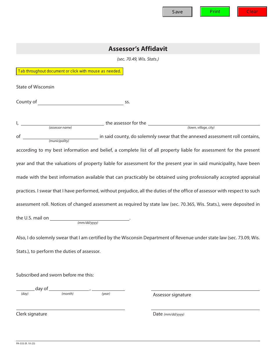 Form PA-533 Download Fillable PDF or Fill Online Assessor's Affidavit ...
