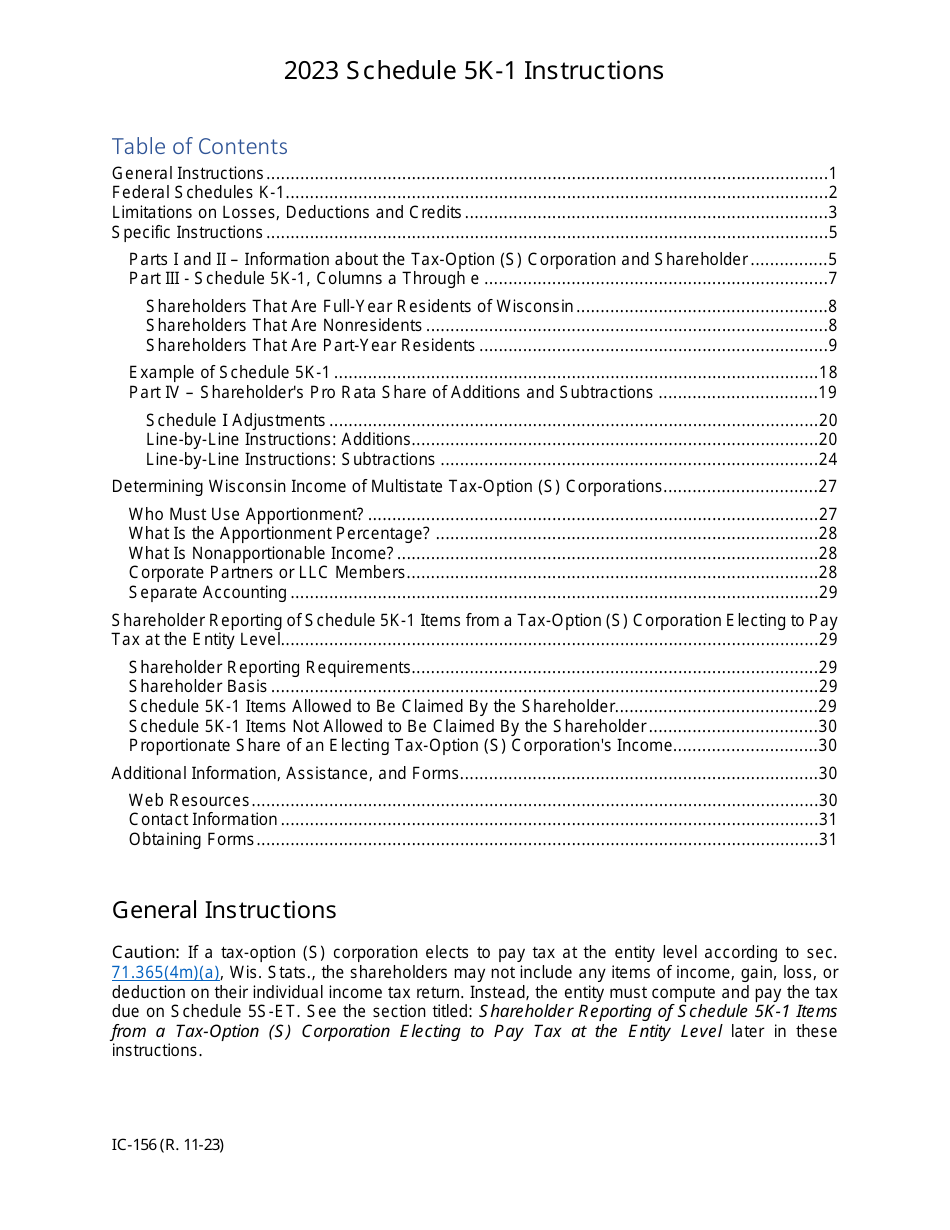 Download Instructions for Form IC-056 Schedule 5K-1 Tax-Option (S ...