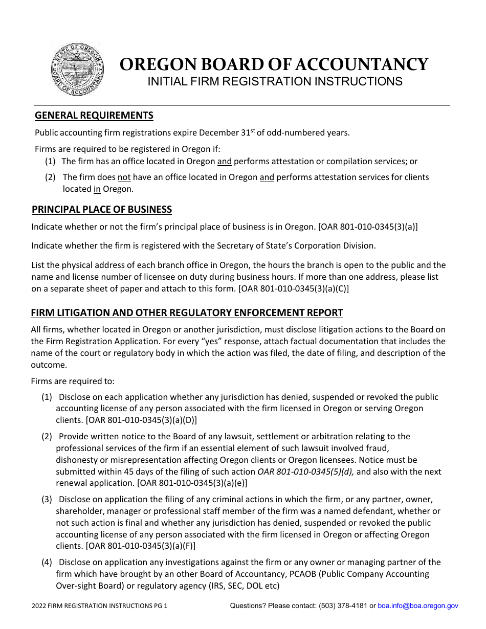 Oregon Initial Firm Registration Download Printable PDF | Templateroller